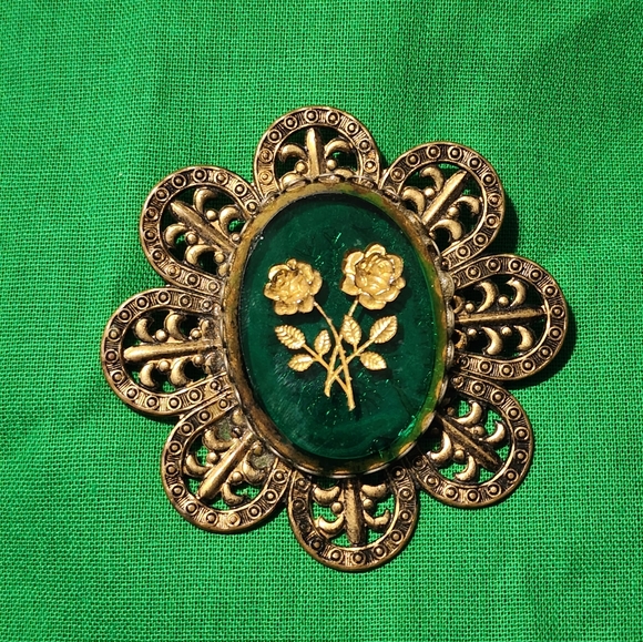 Jewelry | Vintage Art Nouveau Emerald Green Filigree Flower Brooch ...